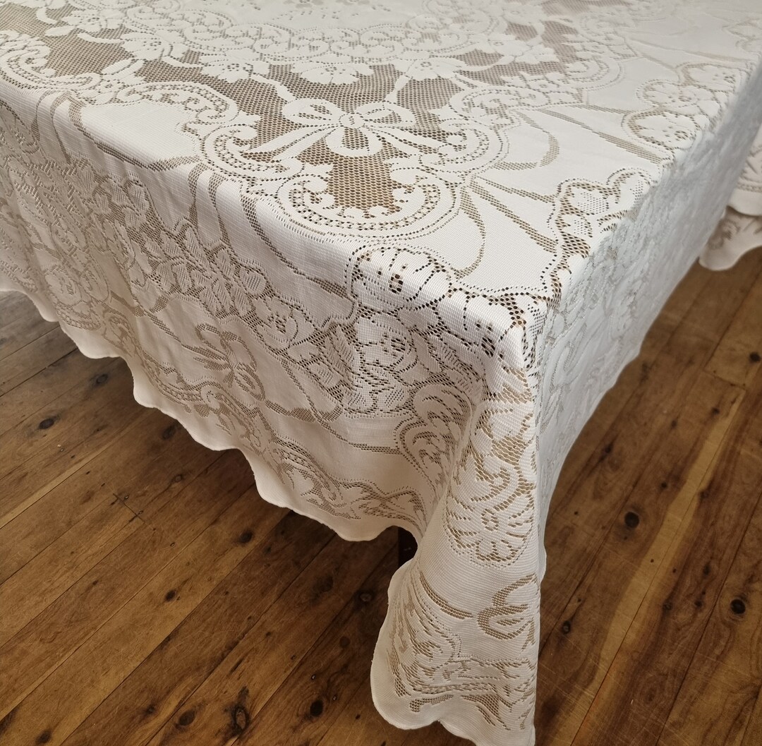 Beautiful Vintage Rectangle Lace Ivory Taupe Rectangle Tablecloth ...