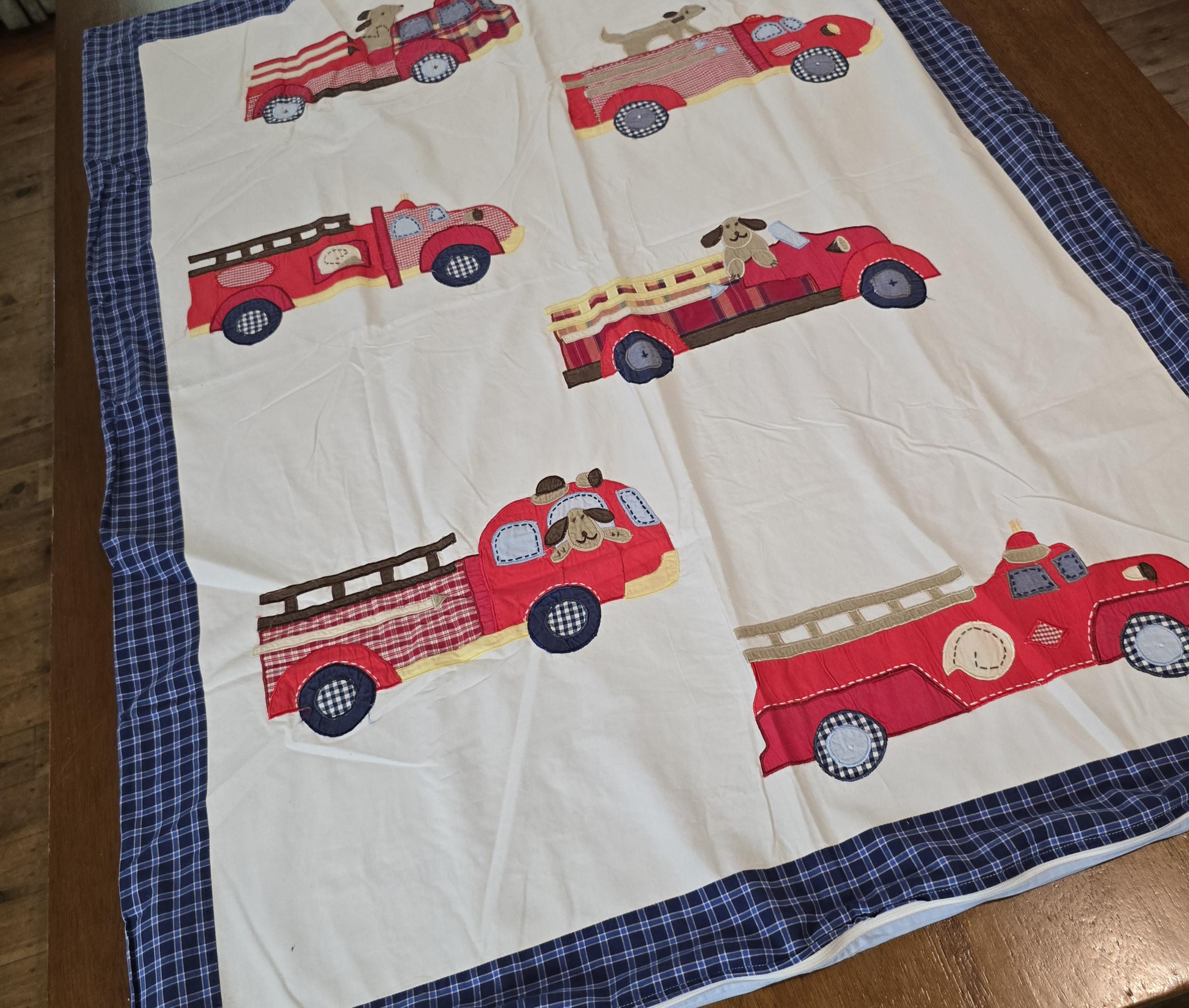 Morgan & Finch Cot Quilt Set - White Blue Red Appliqued Firetrucks and ...