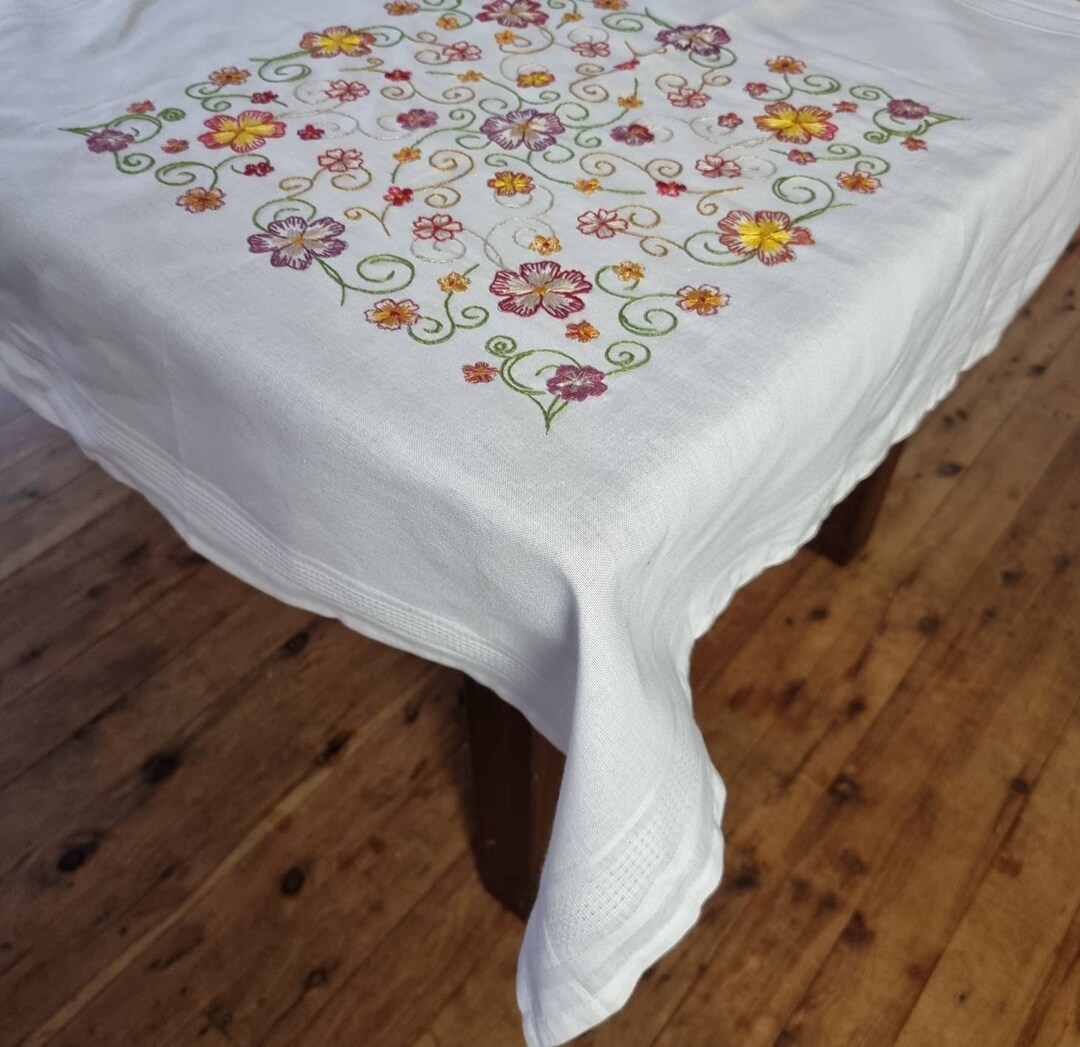 Handmade Floral Embroidered Linen Tablecloth – 80cm Square - Etsy