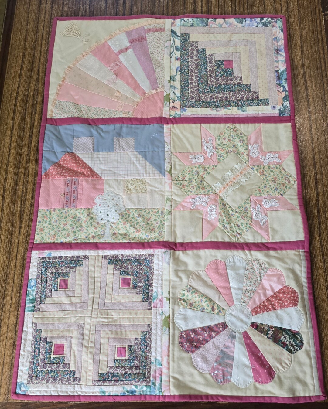 Beautiful Handmade Appliqued Patchwork Quilt - Pink Blue Cream Floral ...