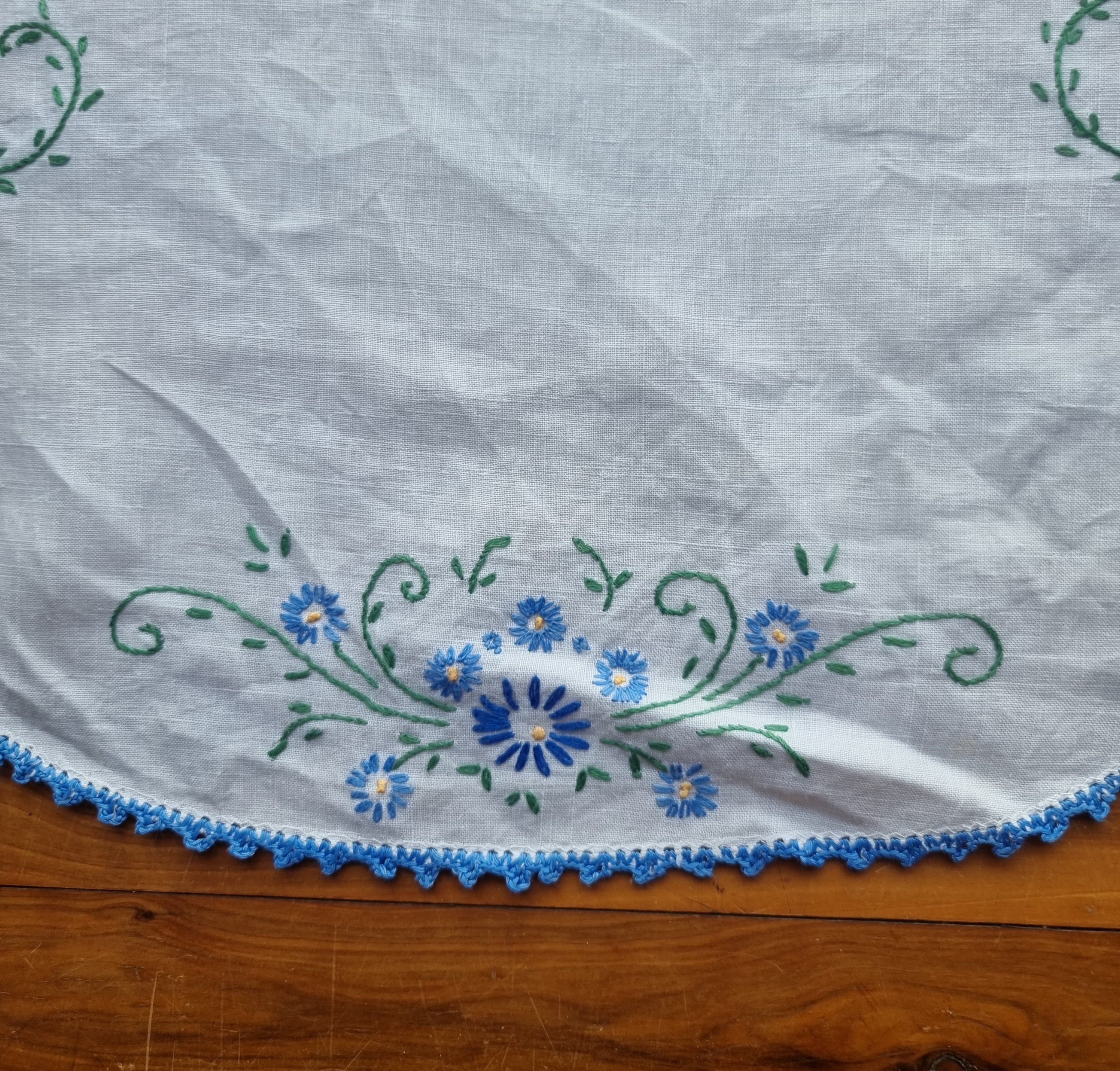 Vintage Oval Embroidered Doily With Crochet Trim - White Blue - Etsy