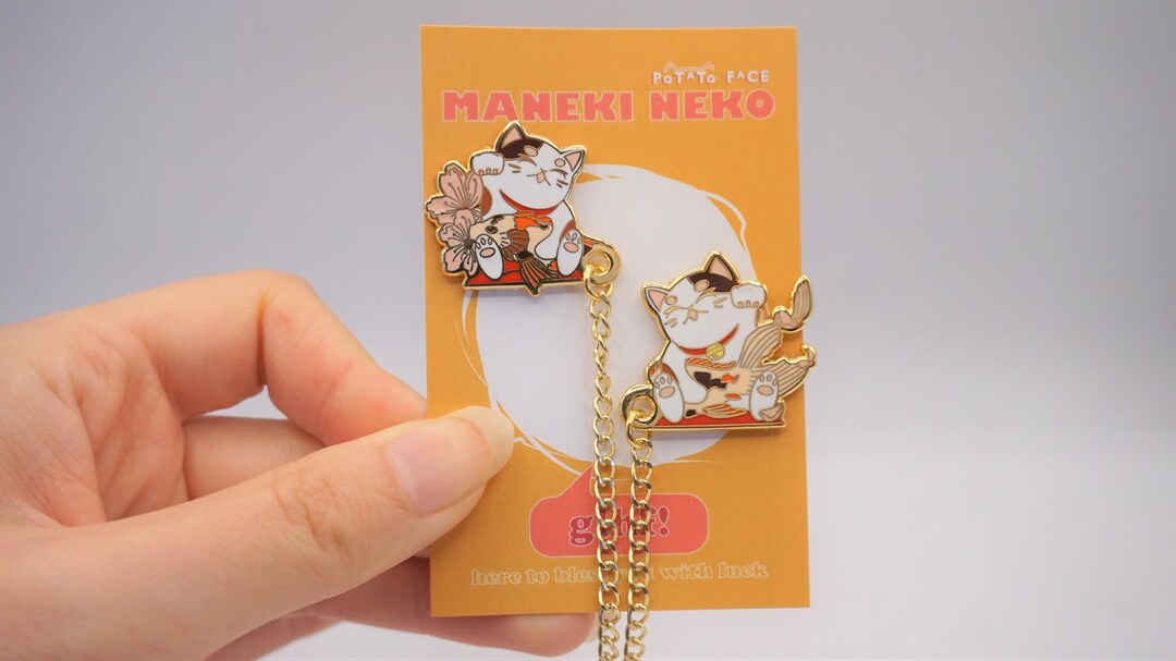 Japanese Lucky Cat Maneki Neko | Collar Chain Enamel Pins - Etsy