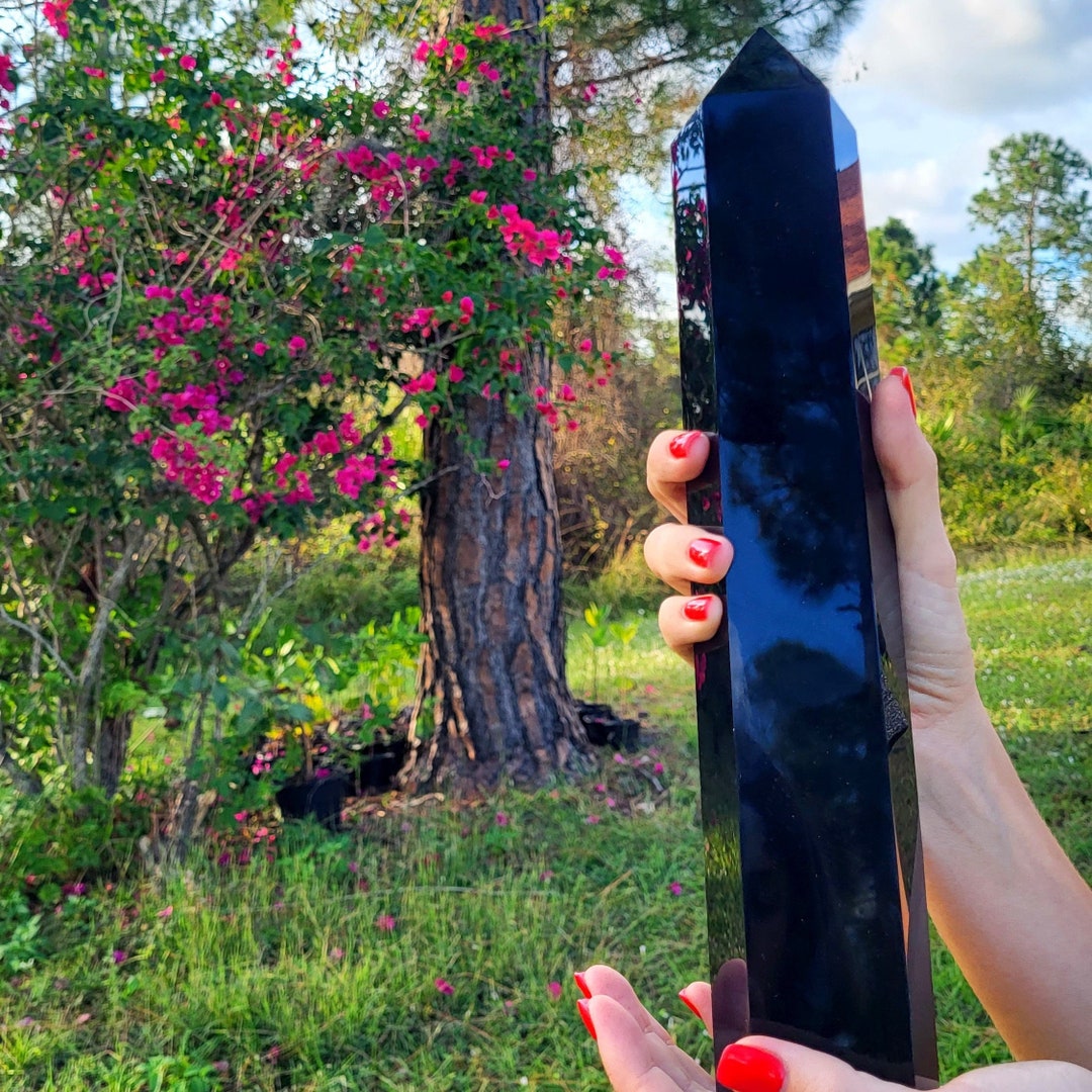 15" Large Natural Obsidian Obelisk Point Hand Crafted Base. Large ...