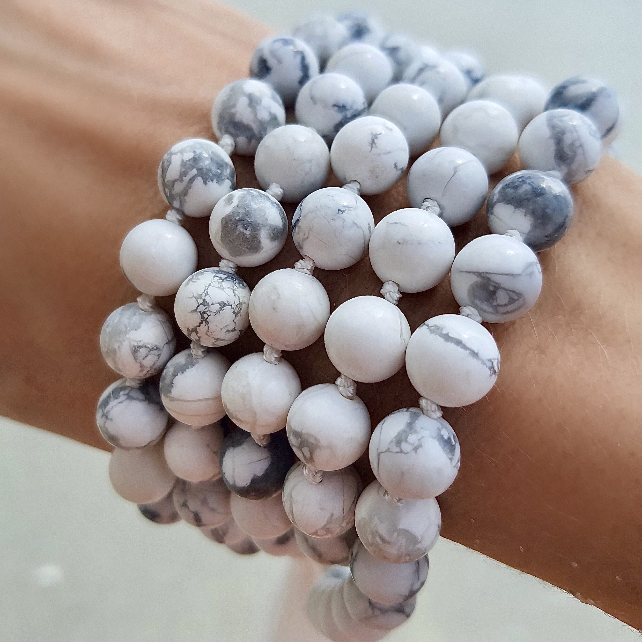 Natural Howlite Stone Mala 108 Beads Knot with Silver Tassel. | Etsy