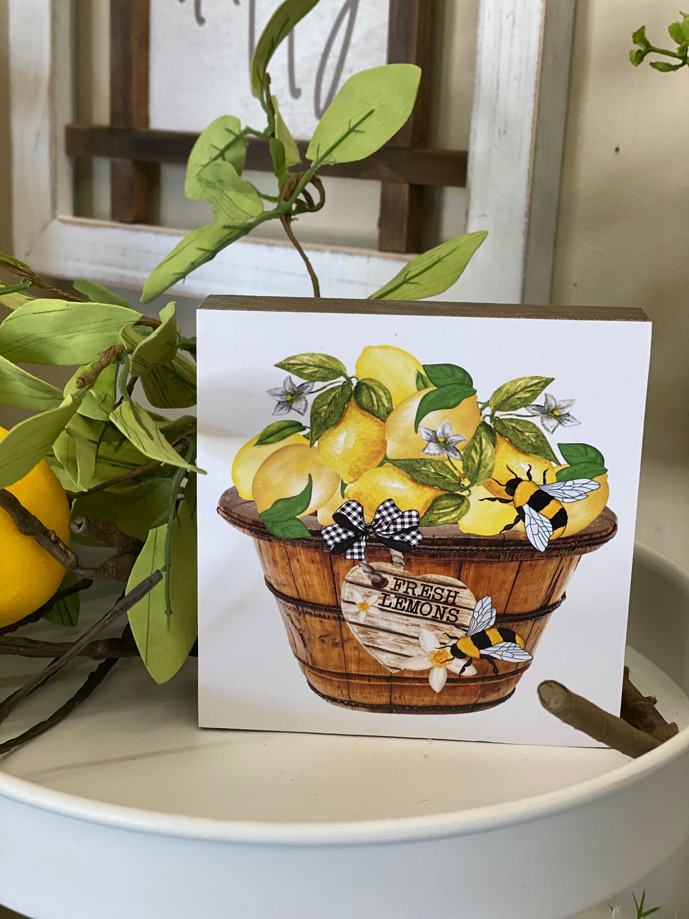 Lemons Basket and Bees Wooden Block Sign Lemon Tiered Tray | Etsy