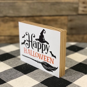 Happy Halloween Wooden Block Sign, Halloween Tiered Tray Sign, Witch ...