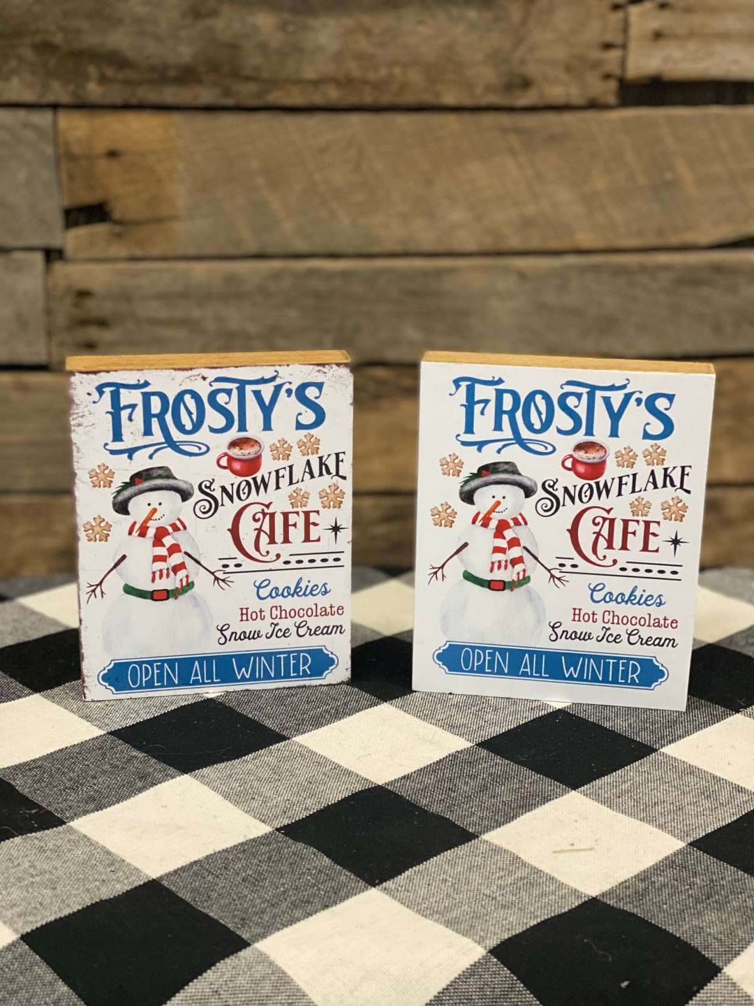 Frosty Snowflake Cafe Wooden Block Sign, Tiered Tray Christmas Decor ...