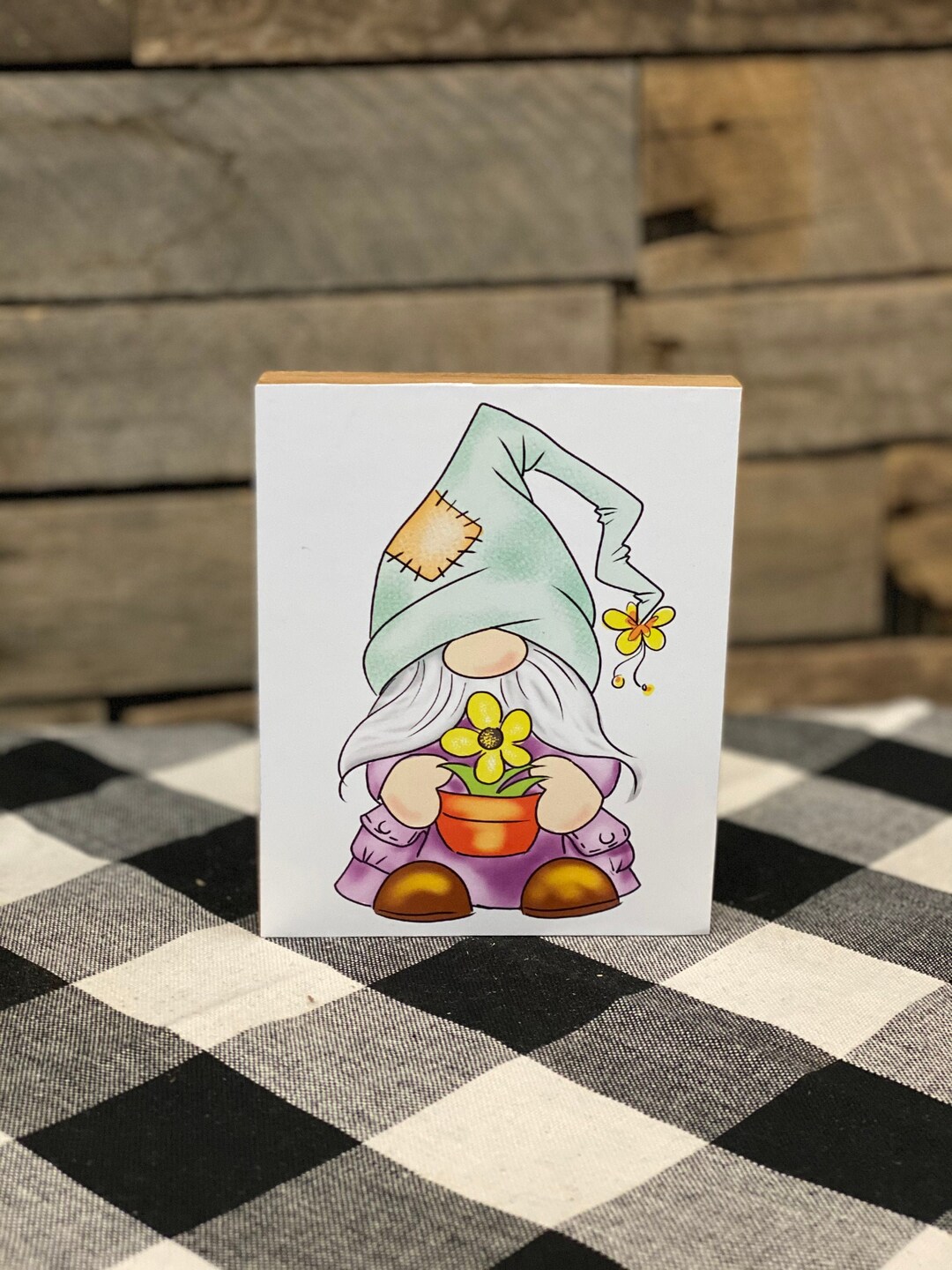 Spring Gnome Holding Flowers Wooden Block Sign, Gnome Tiered Tray Decor ...