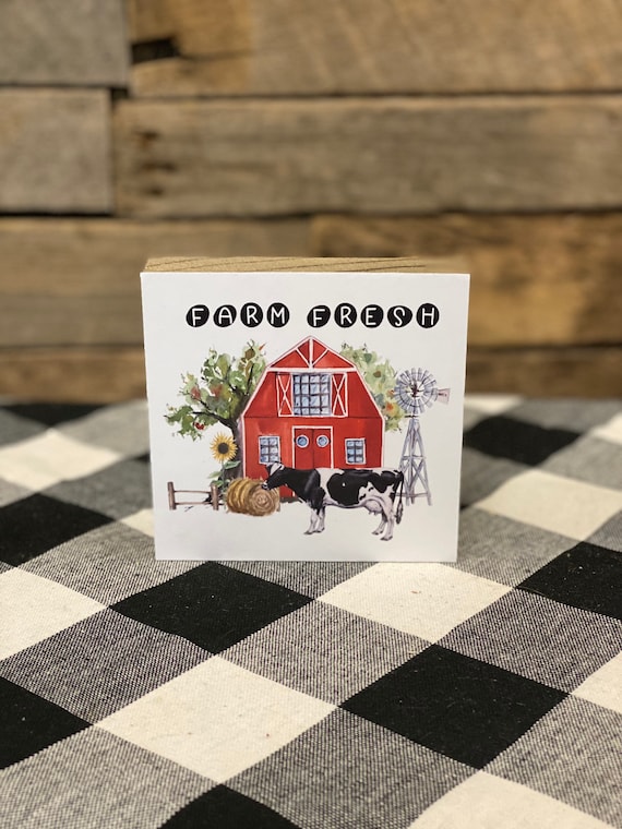 Farm Fresh Red Barn and Cow Mini Wooden Block Sign Farmhouse | Etsy