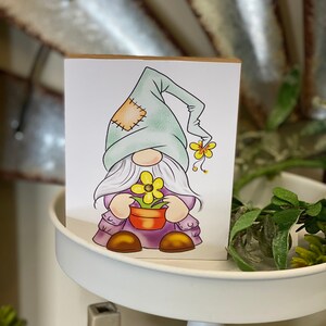 Spring Gnome Holding Flowers Wooden Block Sign, Gnome Tiered Tray Decor ...