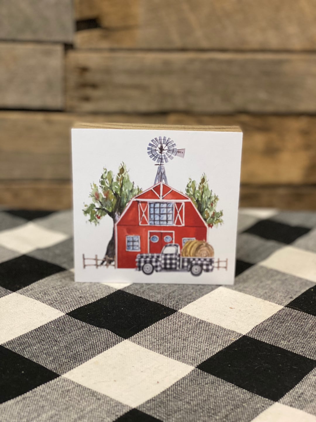 Red Barn With Black and White Buffalo Plaid Truck Farm Scene Wooden ...