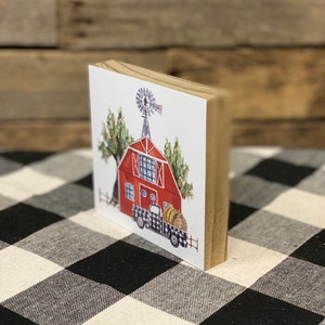 Red Barn With Black and White Buffalo Plaid Truck Farm Scene Wooden ...