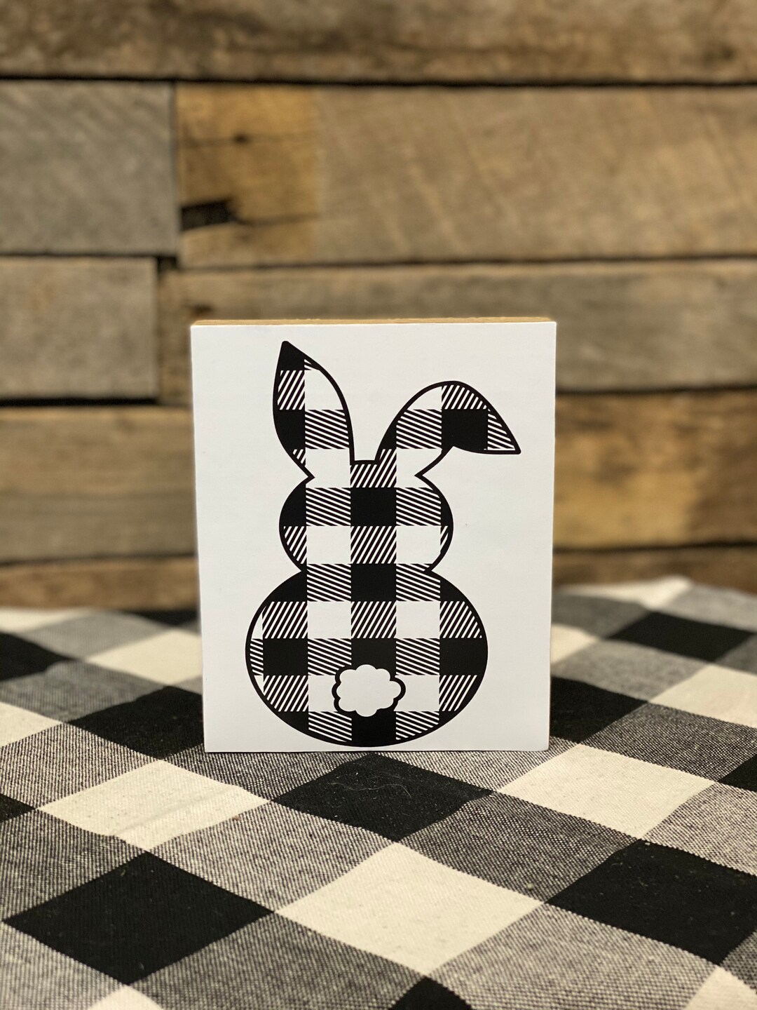 Buffalo Check Bunny Wooden Block Sign, Black and White Bunny Decor ...