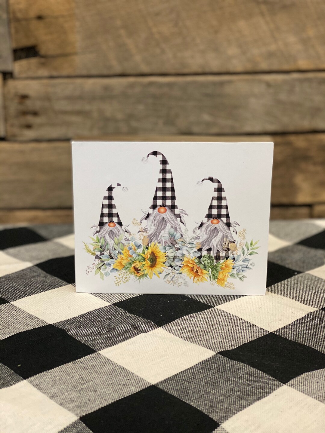 Gingham Sunflower Gnome Trio Wooden Block Sign, Fall Tiered Tray Decor ...