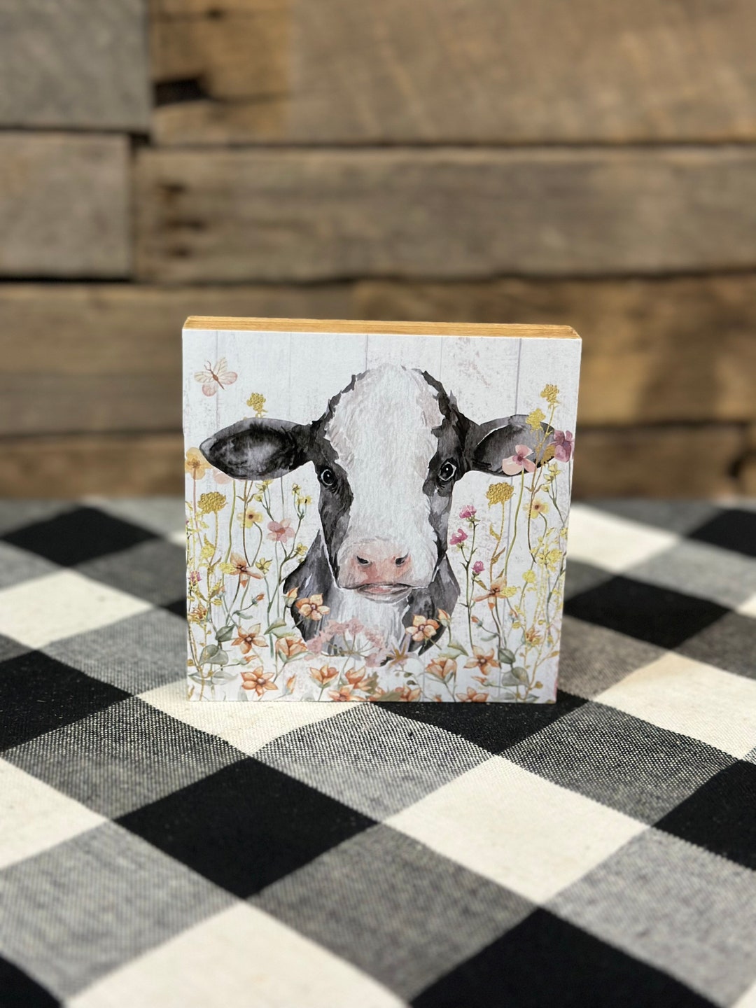 Cow Head With Florals Wooden Block Sign, Cow Sign, Farm Sign, Farm ...