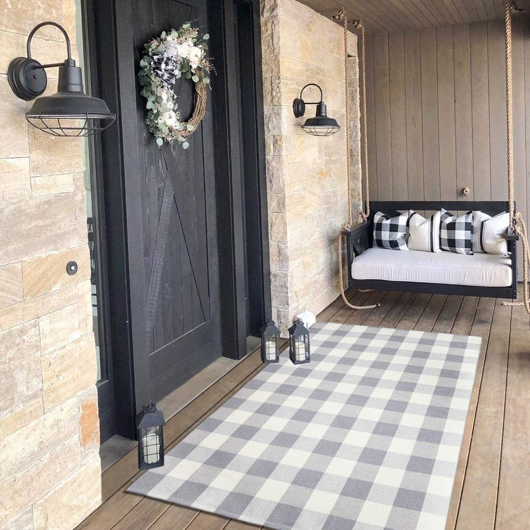 Gray and White Plaid Rug Indoor Porch Checkered Rug, Washable Hand ...