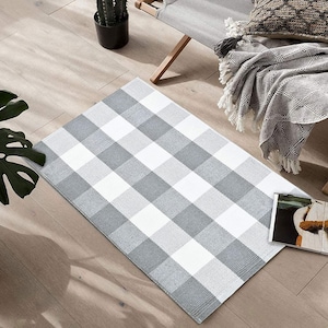 Gray and White Plaid Rug Indoor Porch Checkered Rug, Washable Hand ...
