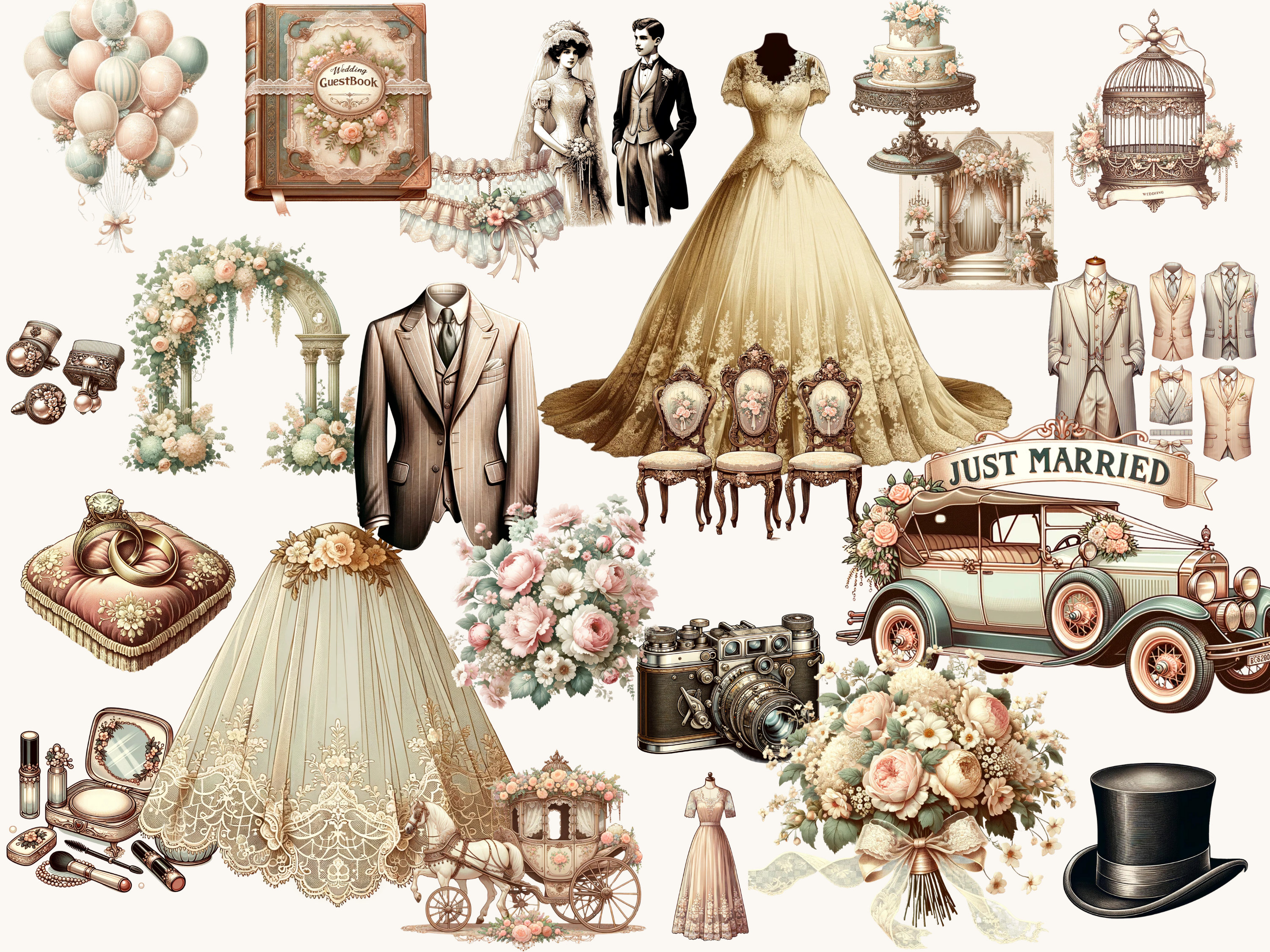 Vintage Wedding Clipart Pack of 24, Vintage Wedding Scrapbook, Clip Art ...