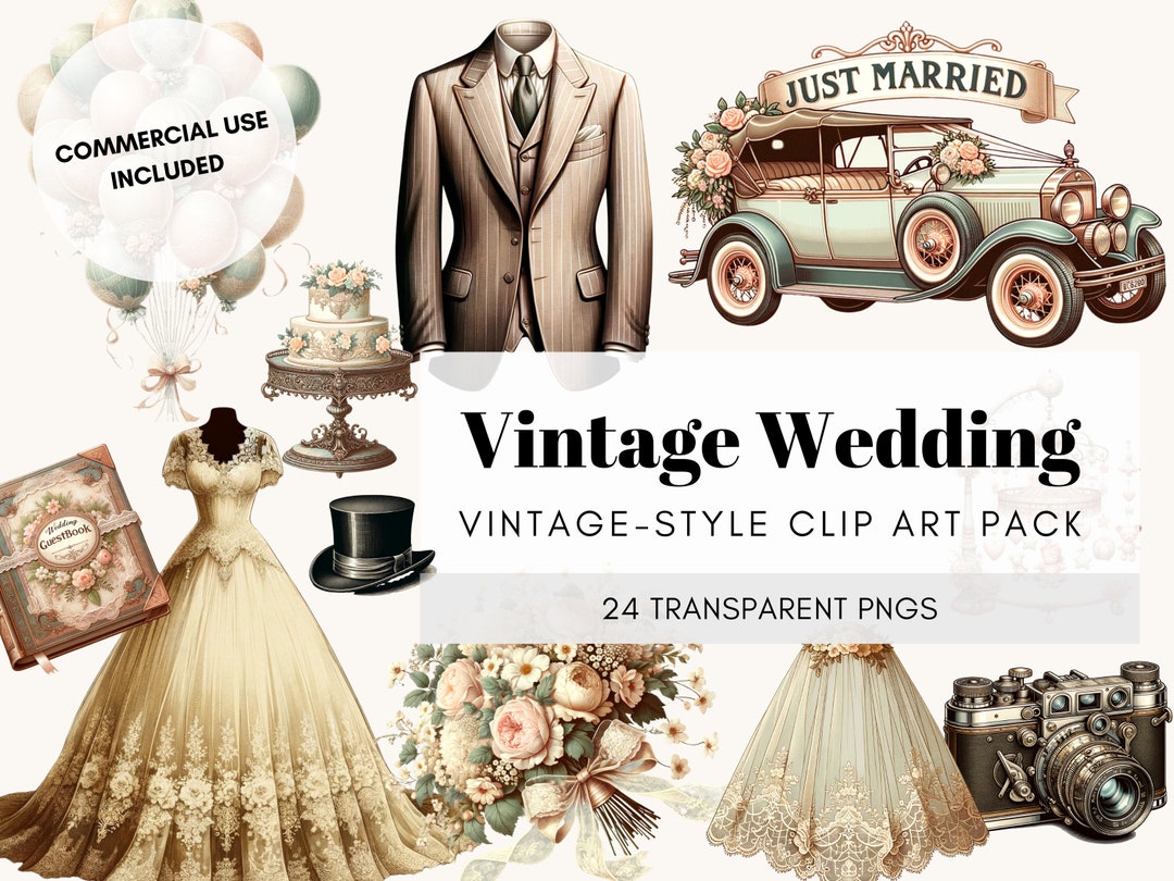 Vintage Wedding Clipart Pack of 24, Vintage Wedding Scrapbook, Clip Art ...