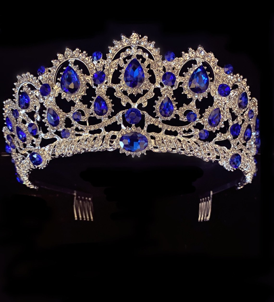 Royal Blue Crystal Crown Blue Rhinestone Silver Tiara Blue | Etsy