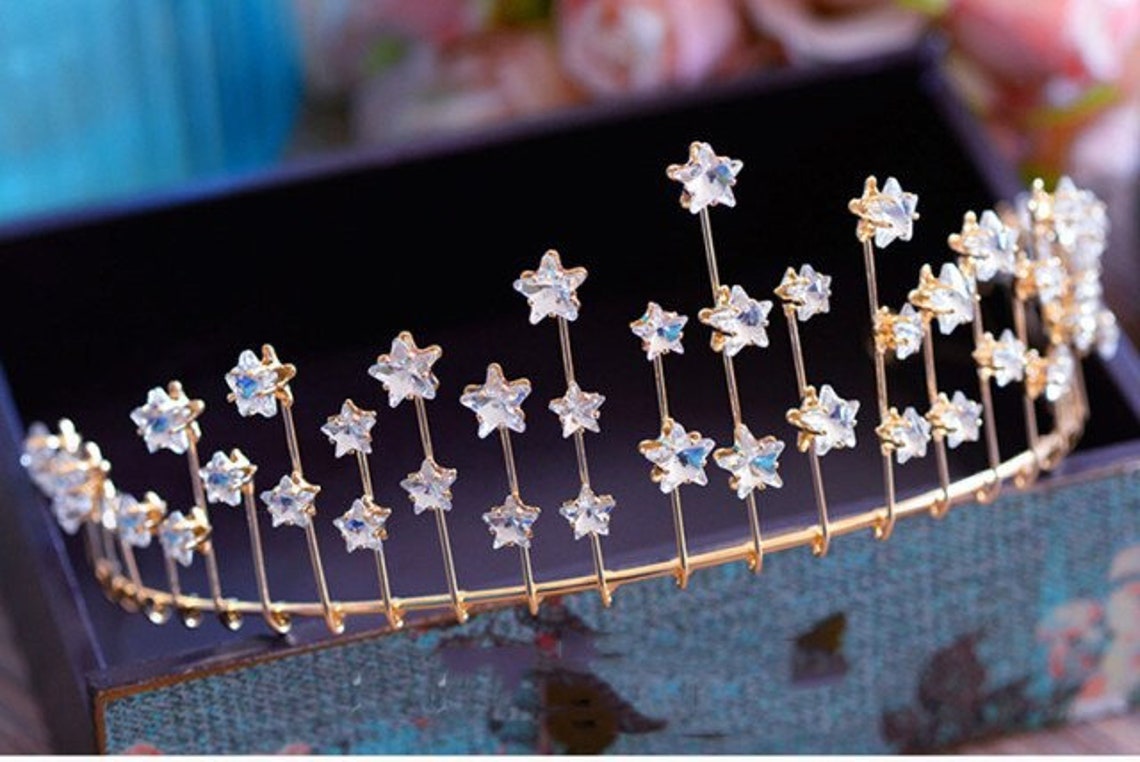 Star Tiara,celestial Crystal Crown,star Crystal Gold Tiara, Bridal Star ...