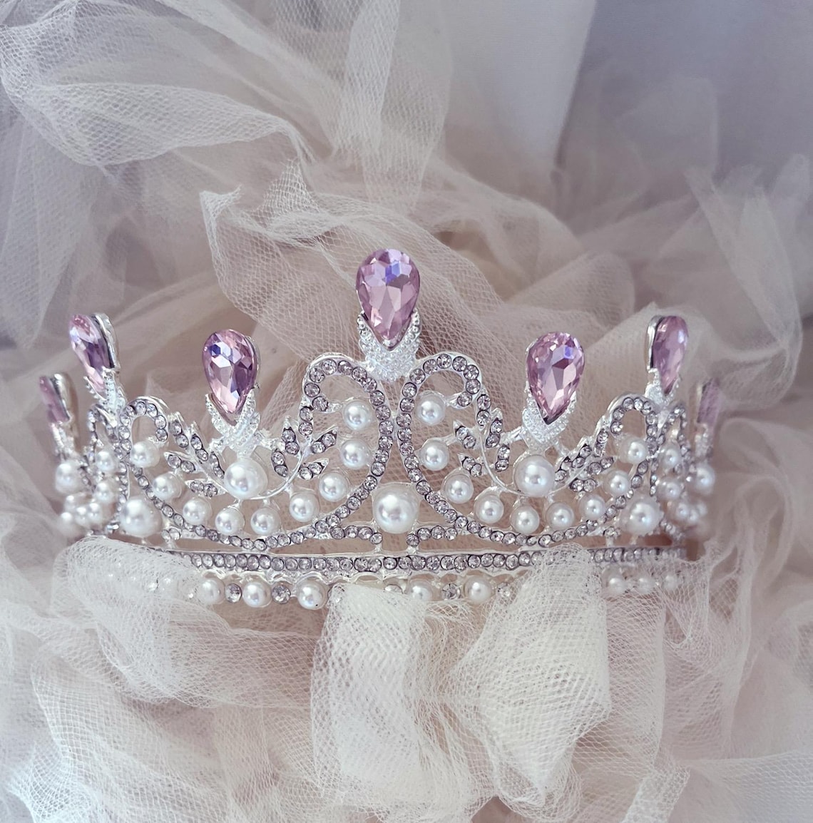 Pink Tiara With Pearls, Baroque Pink Victorian Crown,pink Gold Tiara ...