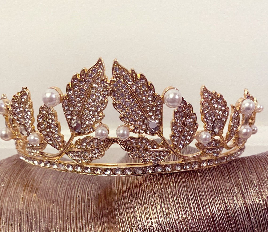 Gold Leaf Tiara, Goddess Gold Crown,pearl Gold Tiara, Gold Leaf Diadem ...