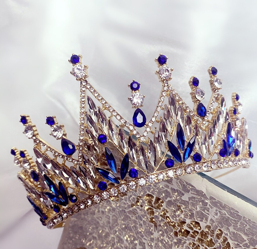 Blue and Gold Crystal Tiara, Victorian Sapphire Crown, Blue Wedding ...
