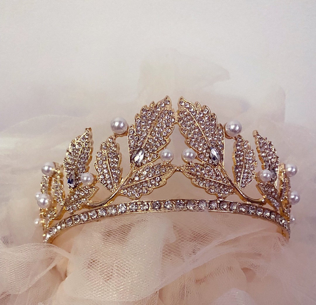 Gold Leaf Tiara, Goddess Gold Crown,pearl Gold Tiara, Gold Leaf Diadem ...