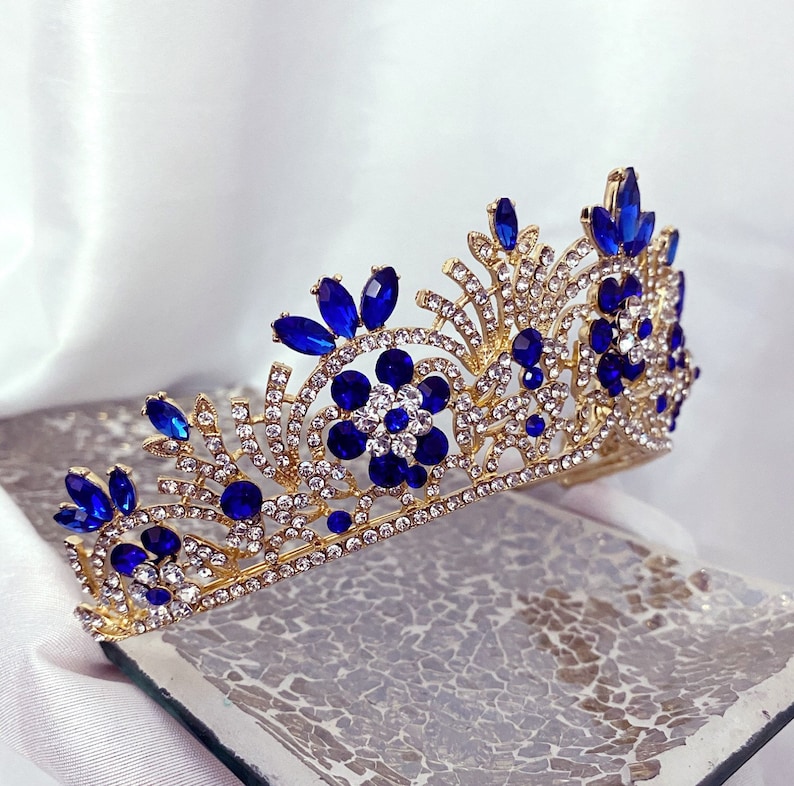 Blue and Gold Crystal Crown, Victorian Sapphire Crown, Blue Pageant ...