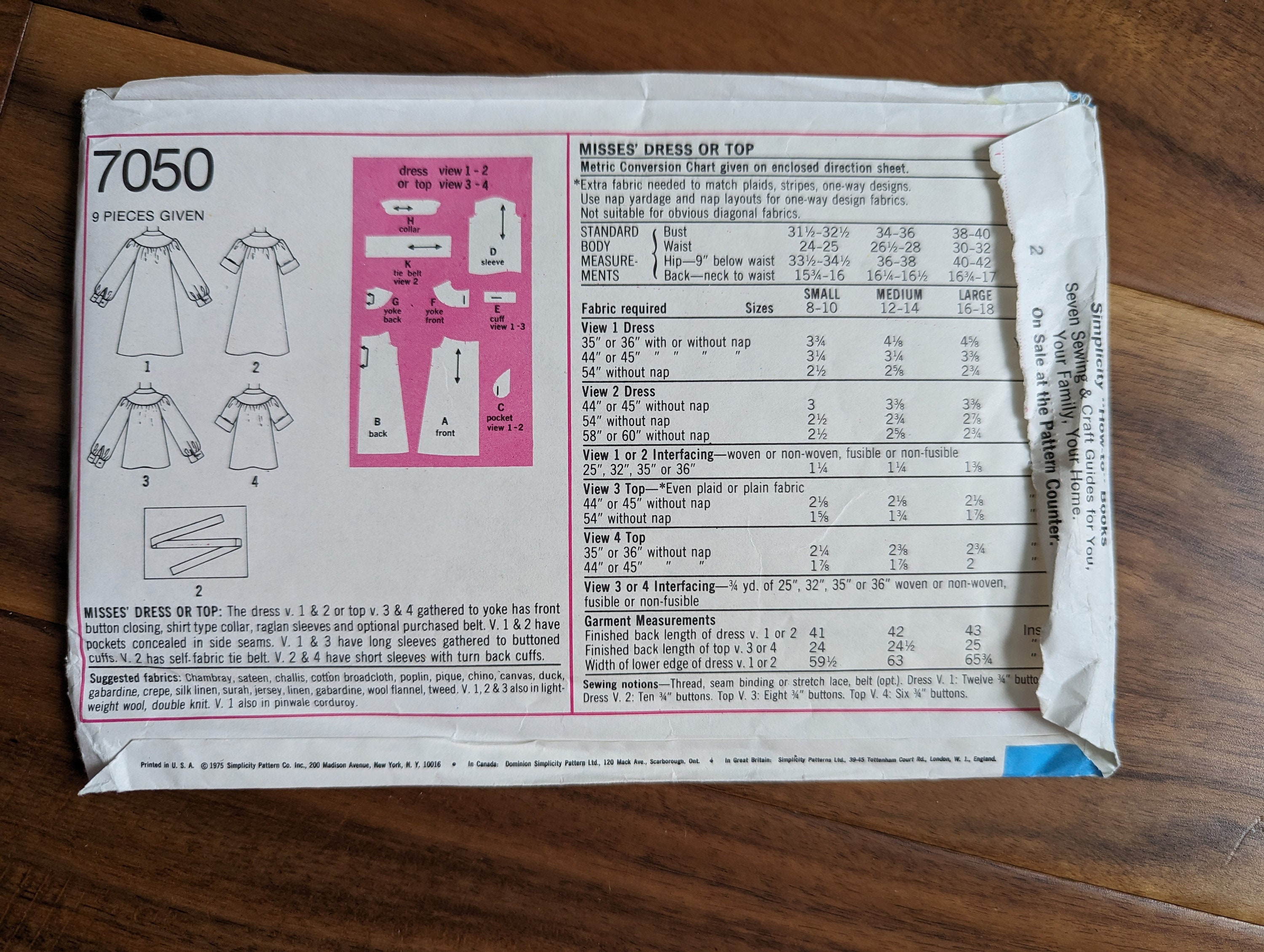 Vintage Simplicity 7050 70s Dress and Top Sewing Pattern size 12/14 26 ...