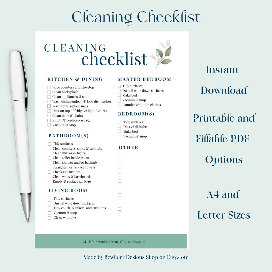 Cleaning Checklist, Printable or Fillable, Instant Download, A4/letter ...
