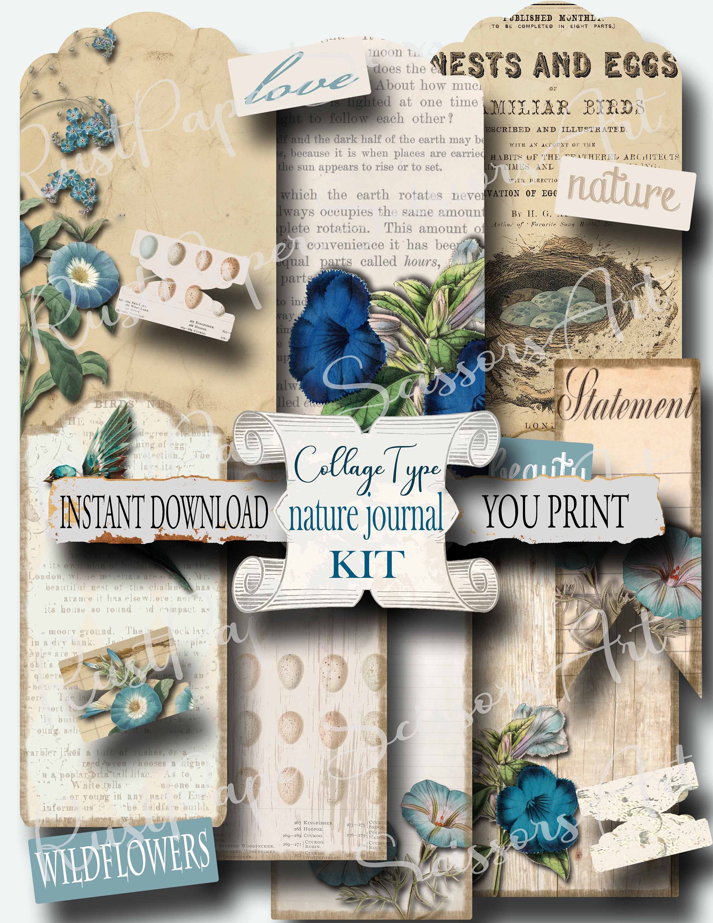 Junk Journal Botanical Blue Flowers Scrapbook Paper - Etsy