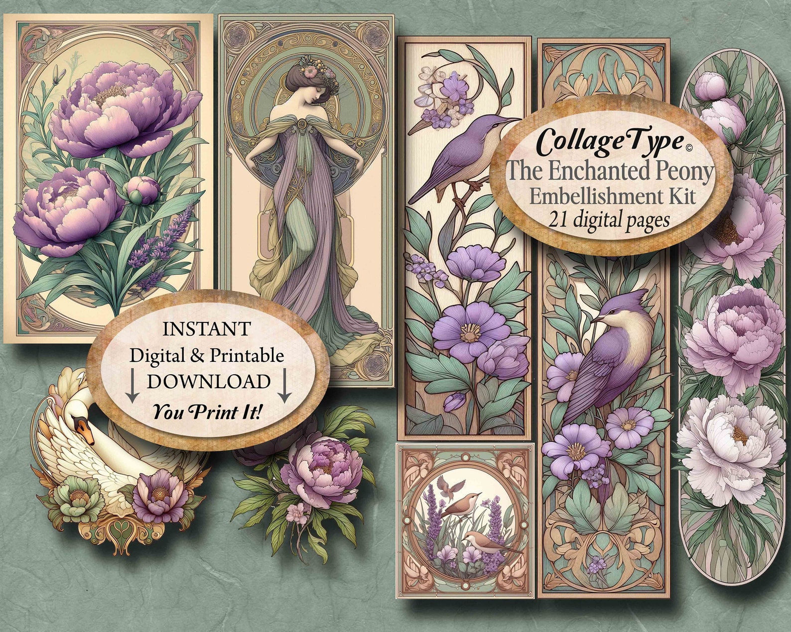 Junk Journal Digital Kits, Purple, Pink, Peony, Sepia, 21 Collage ...