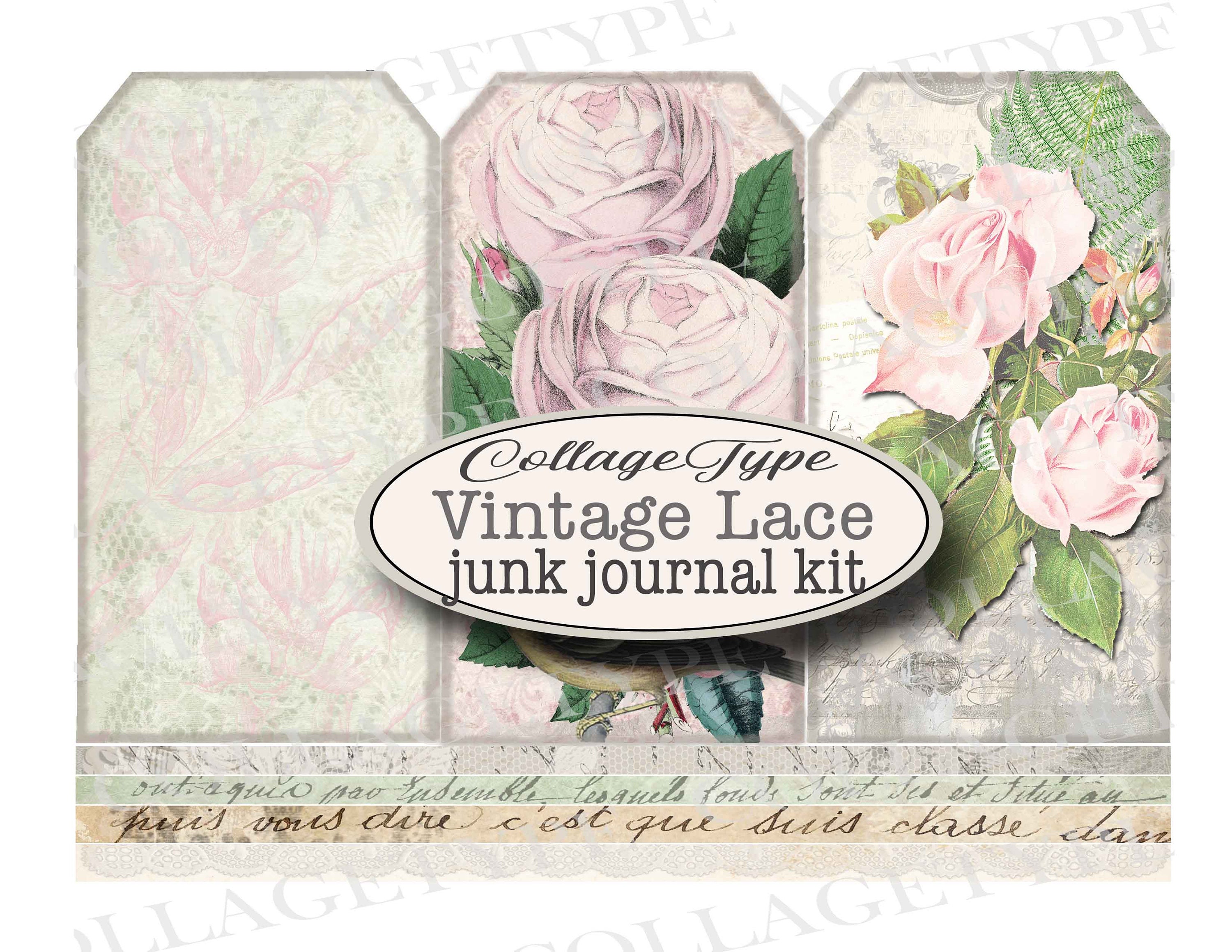 Digital Junk Journal Lace Ivory Pink Botanicals Birds 23 - Etsy