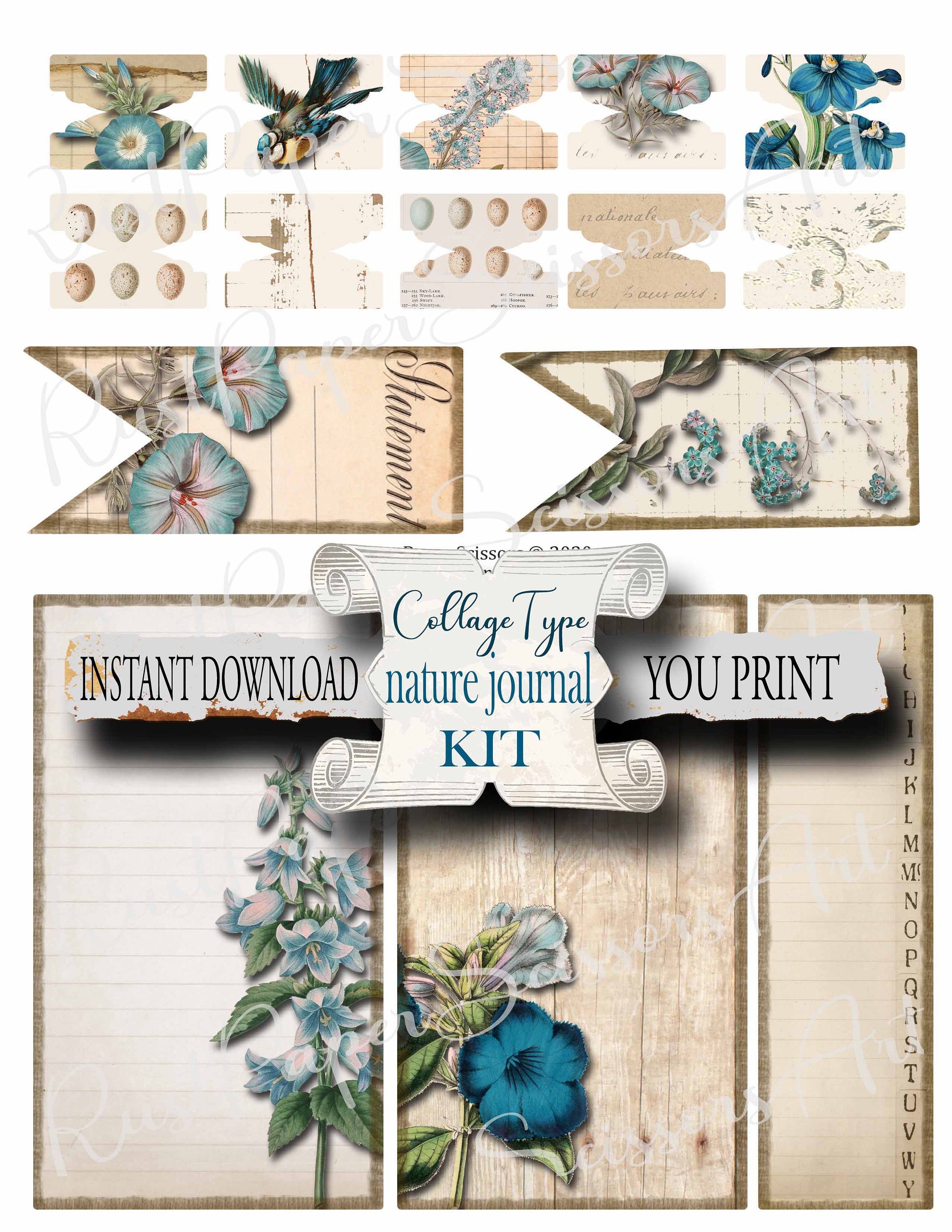 Junk Journal Botanical Blue Flowers Scrapbook Paper - Etsy