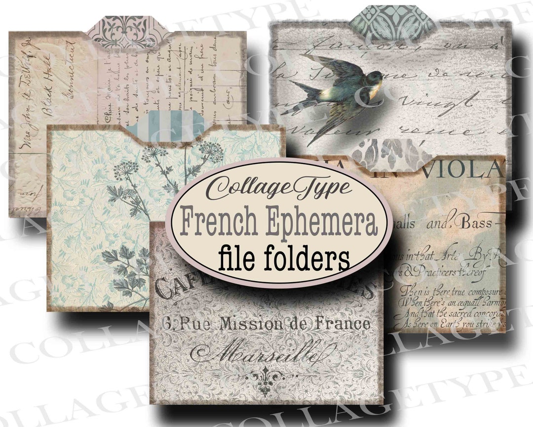 Mini File Folders, French Themed, Ephemera, Grey, Pastel Digital Kit ...