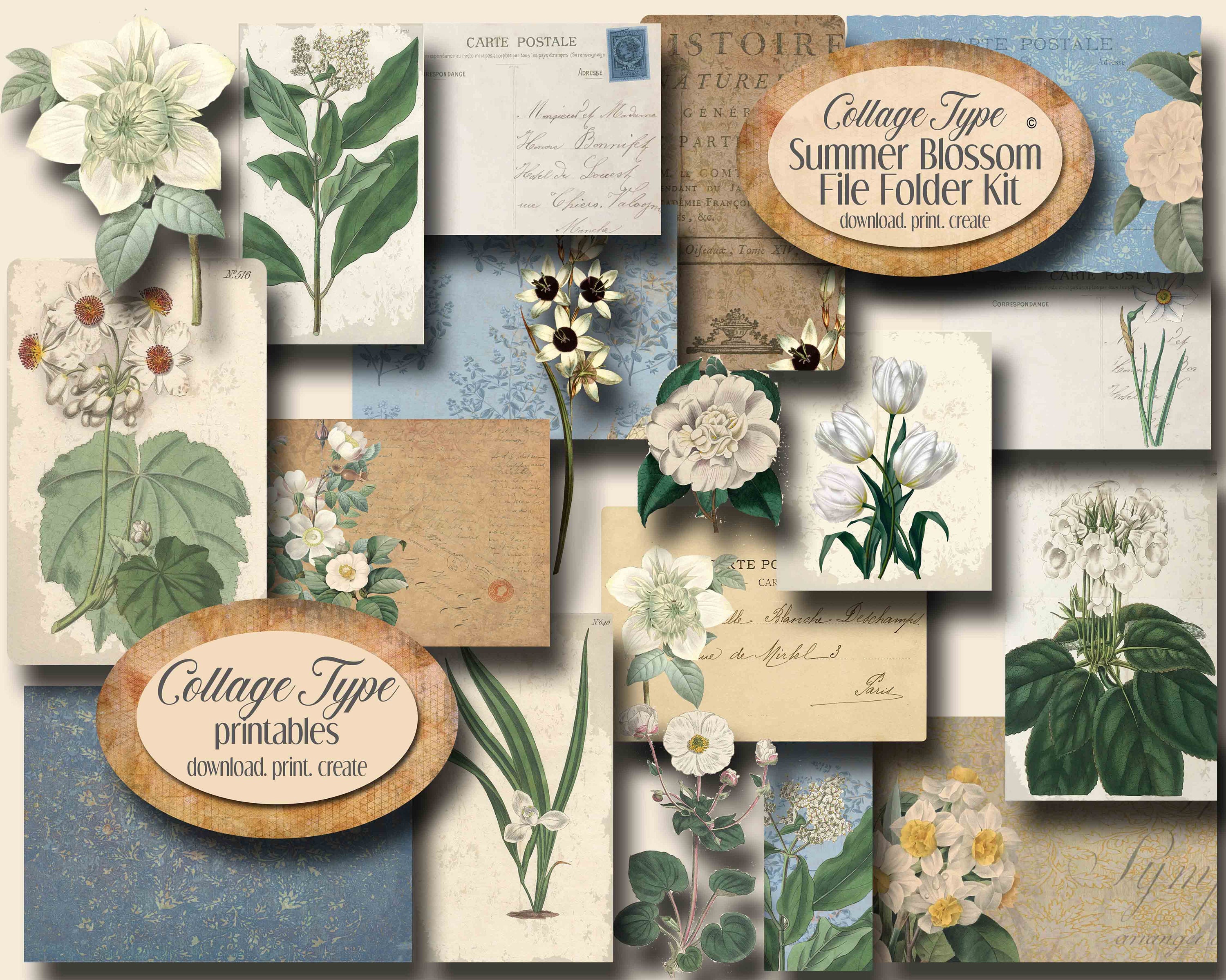 Digital Printable Collage Sheets, Journal, Folder, Blue Sepia Cream, 16 ...