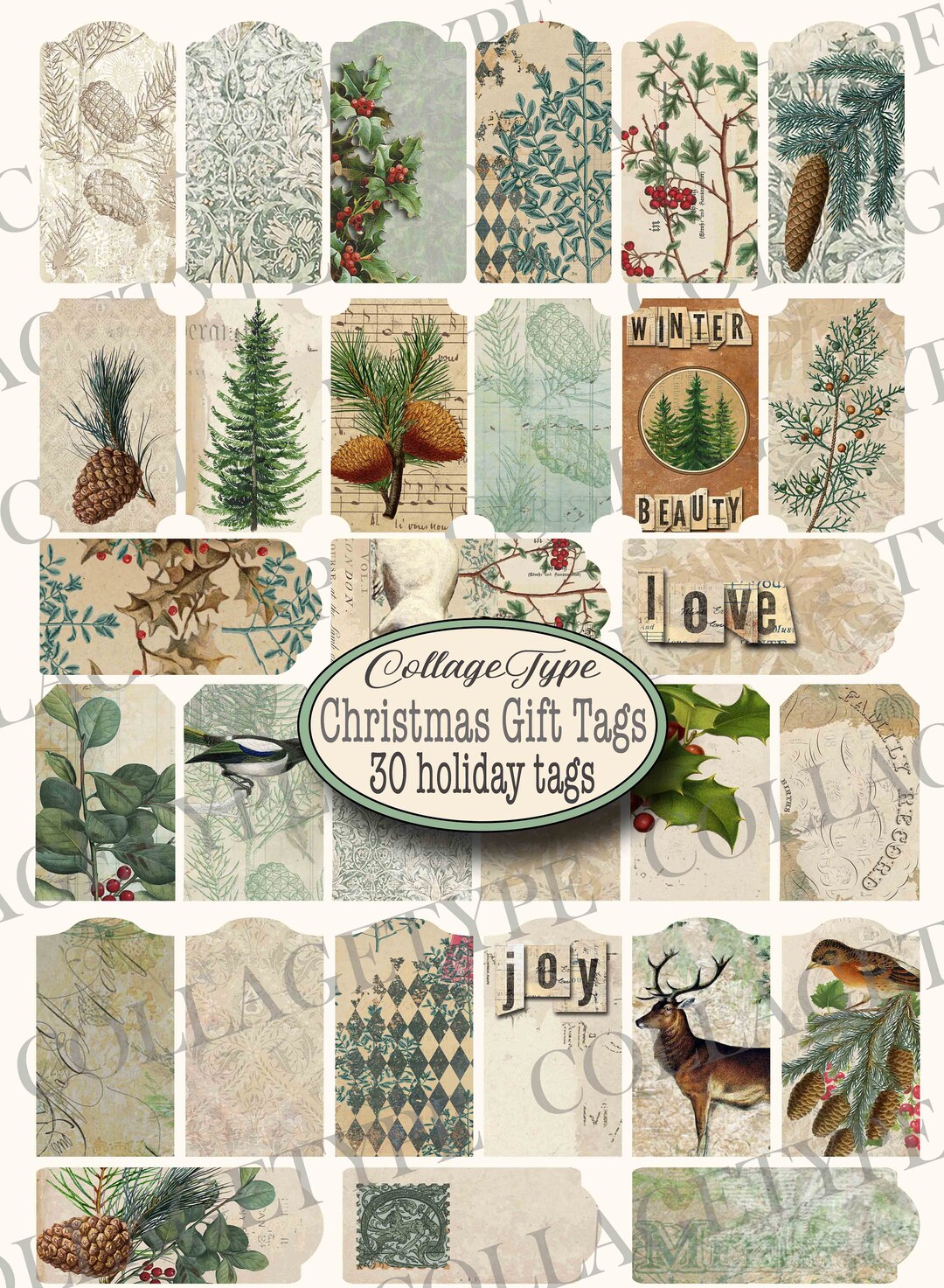 Winter Botanical, Gift Tags, Christmas, Junk Journal, 30 Holiday Tags ...