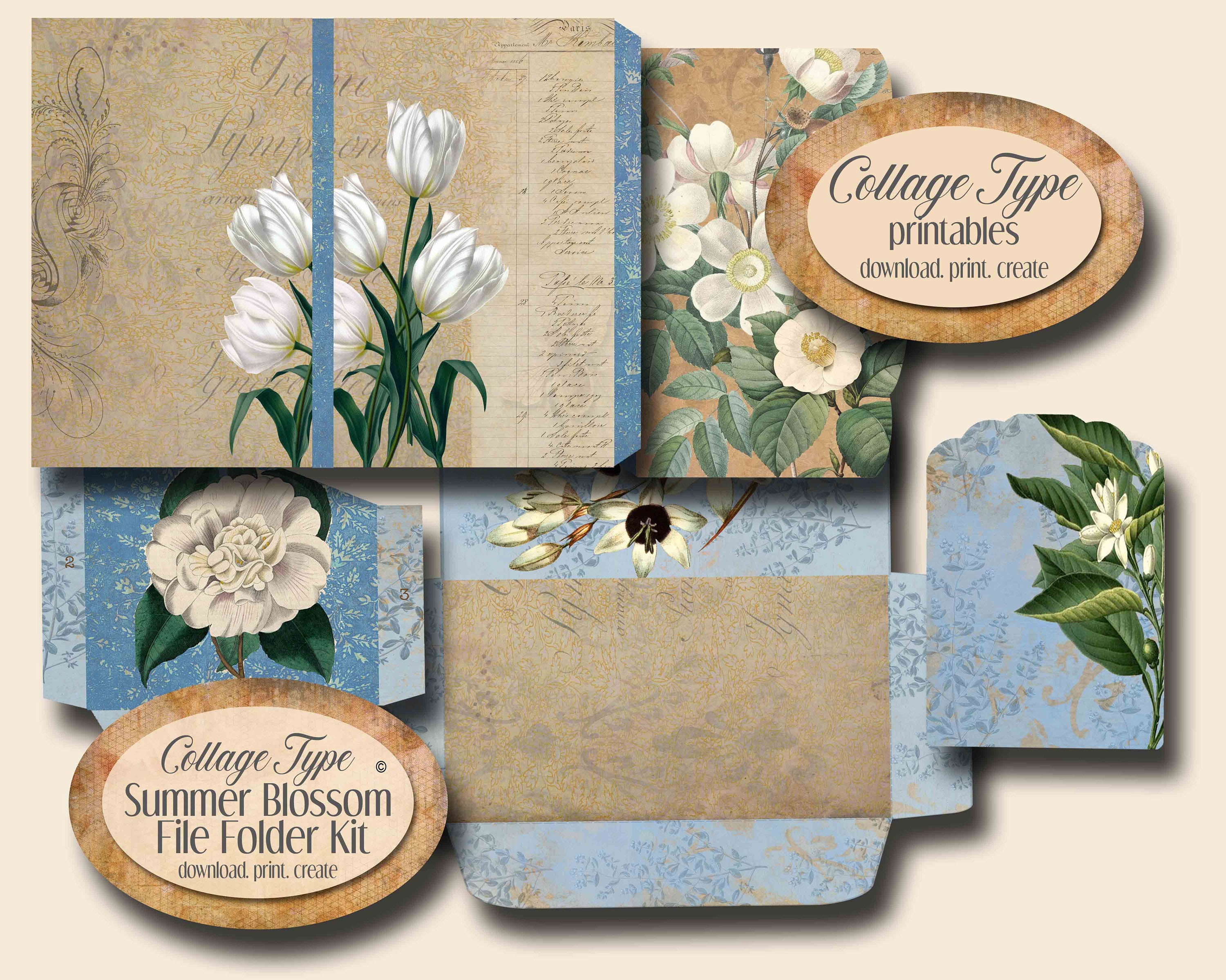 Digital Printable Collage Sheets, Journal, Folder, Blue Sepia Cream, 16 ...