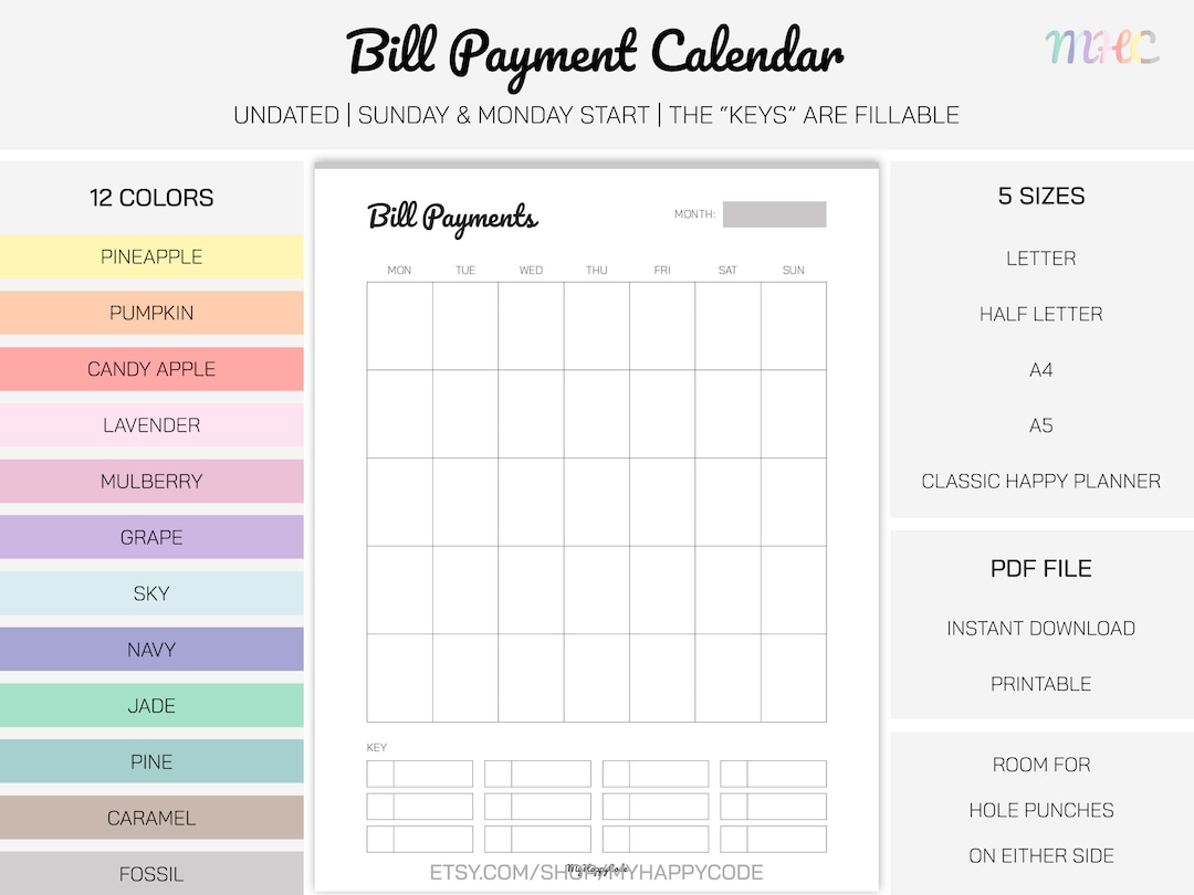 Bill Payment Calendar Tracker Printable, Bill Payments Tracker, Bill ...