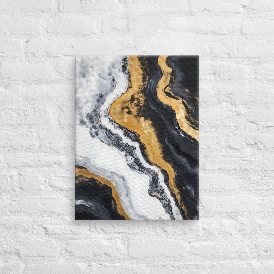 Modern Marble Pattern Painting Canvas Print, Black White Gold Marble ...