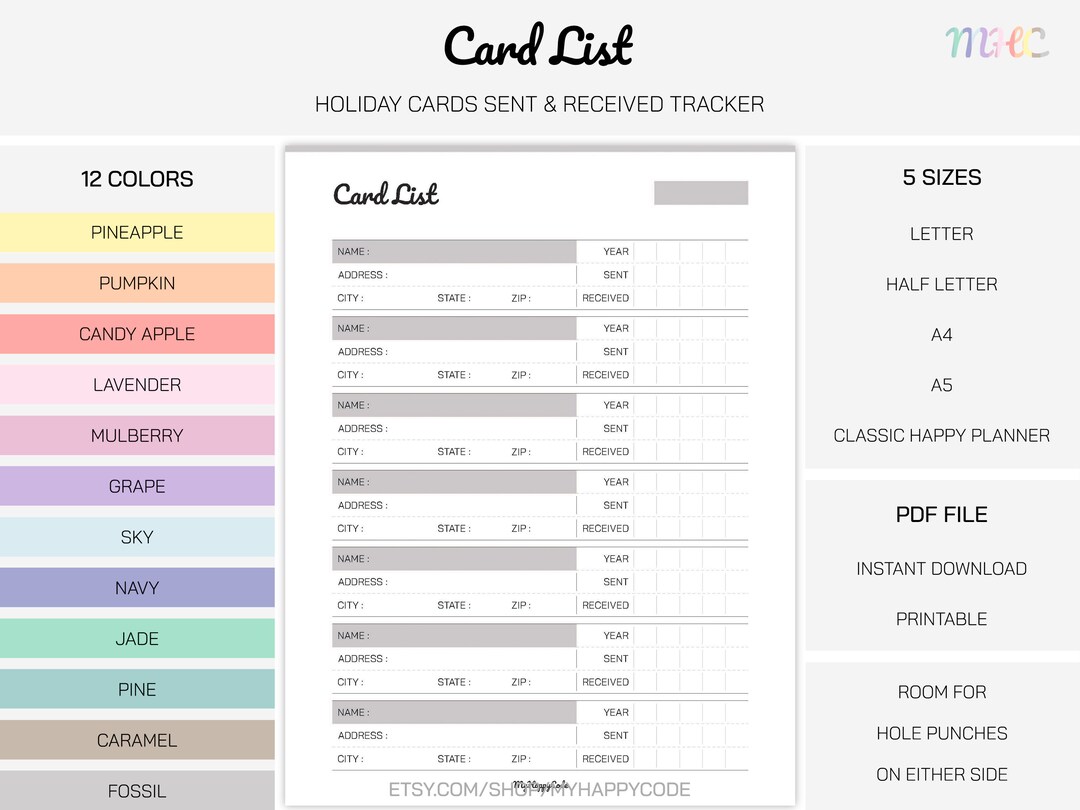 Card List Printable, Holiday Card List Printable, Birthday Card List ...