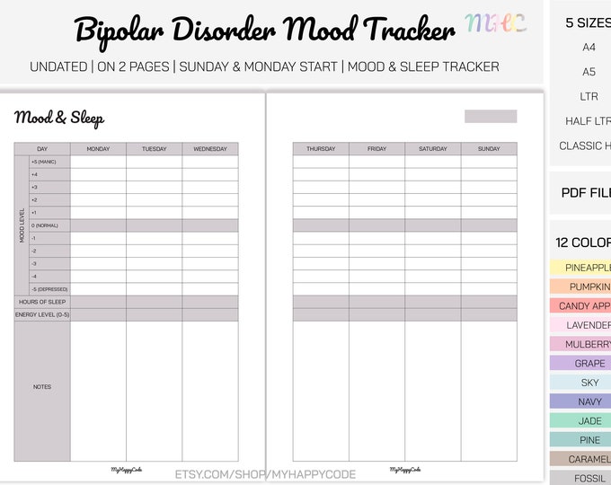 Bipolar Mood Chart Printable PDF File - Etsy Canada