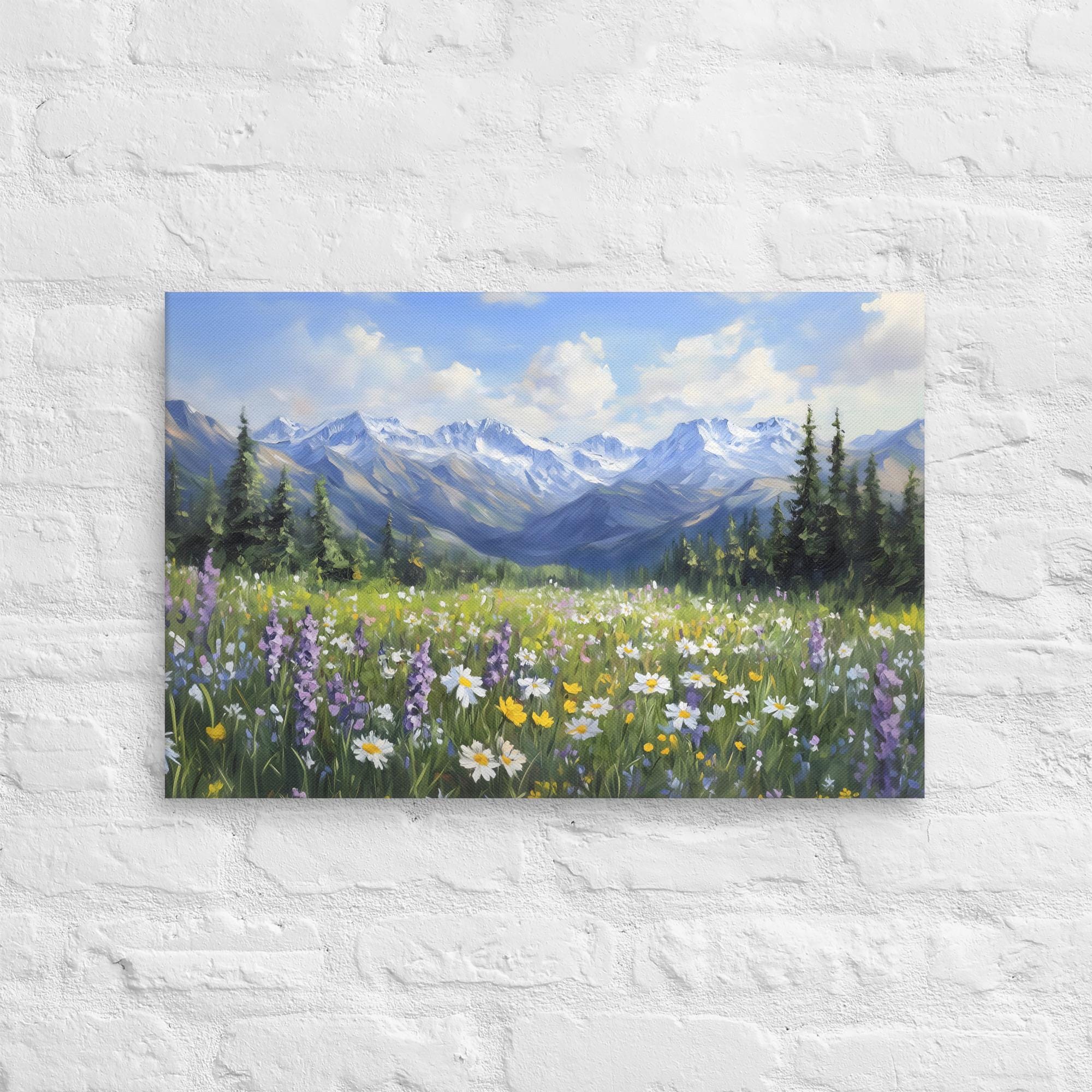 Flowers and Snow Mountain Painting Canvas Print, Snow Mountain in ...
