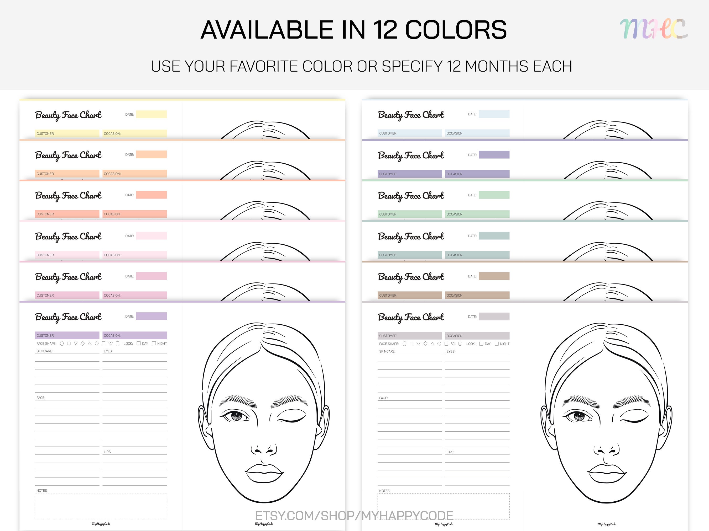 Undated Makeup Face Chart Printable Beauty Face Chart Etsy Australia