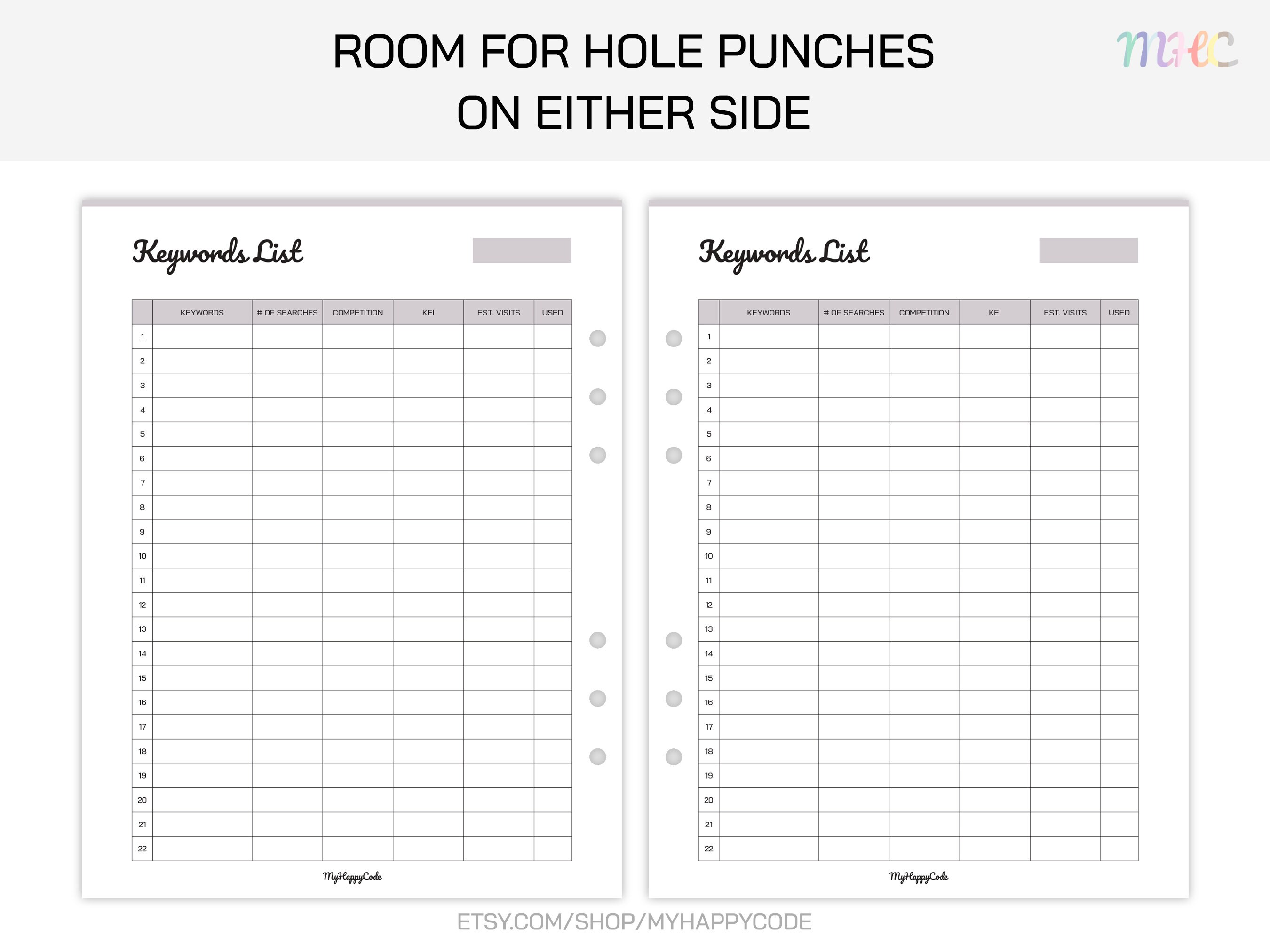 Keywords List Printable, Keywords Tracker Printable, Listing Keywords ...
