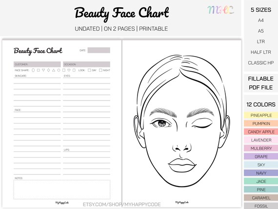 Undated Makeup Face Chart Printable Beauty Face Chart Etsy Australia