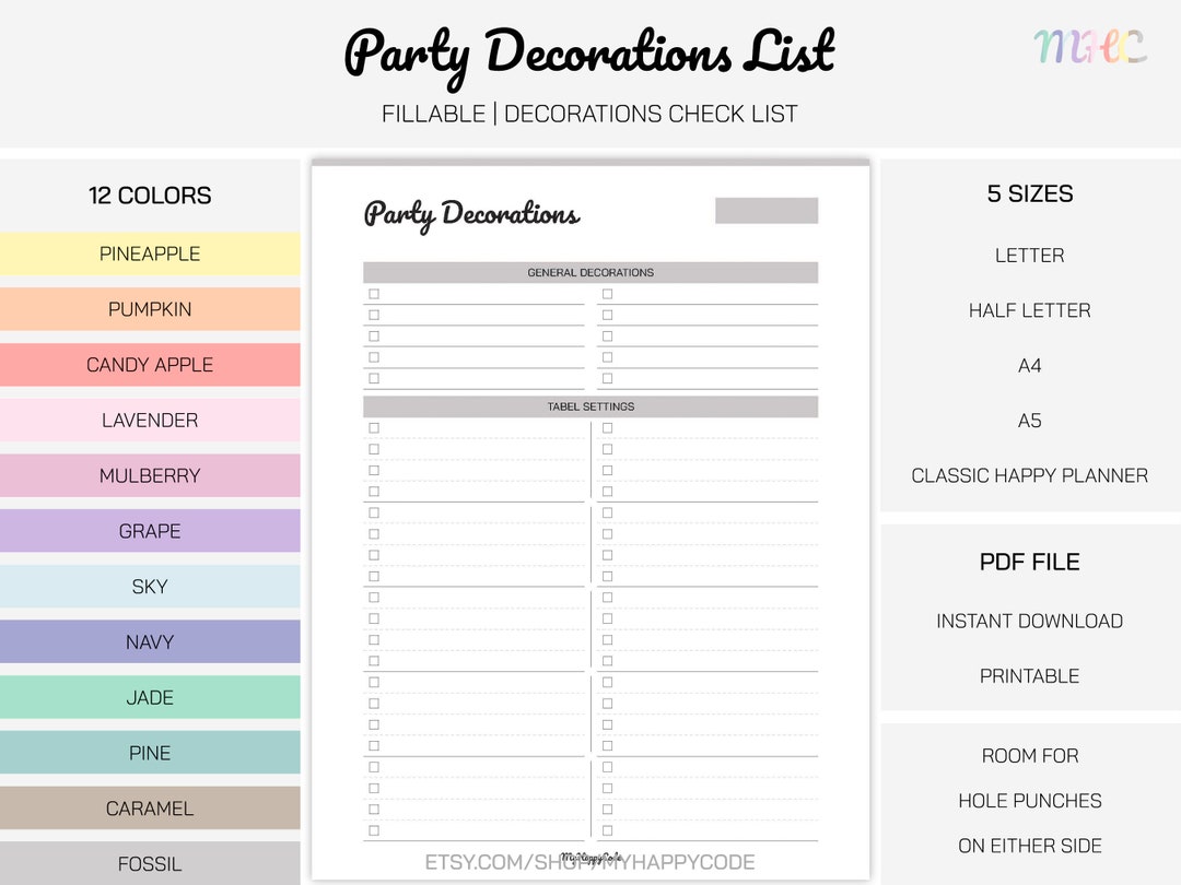 Fillable Party Decoration List Printable, Decoration Check List ...