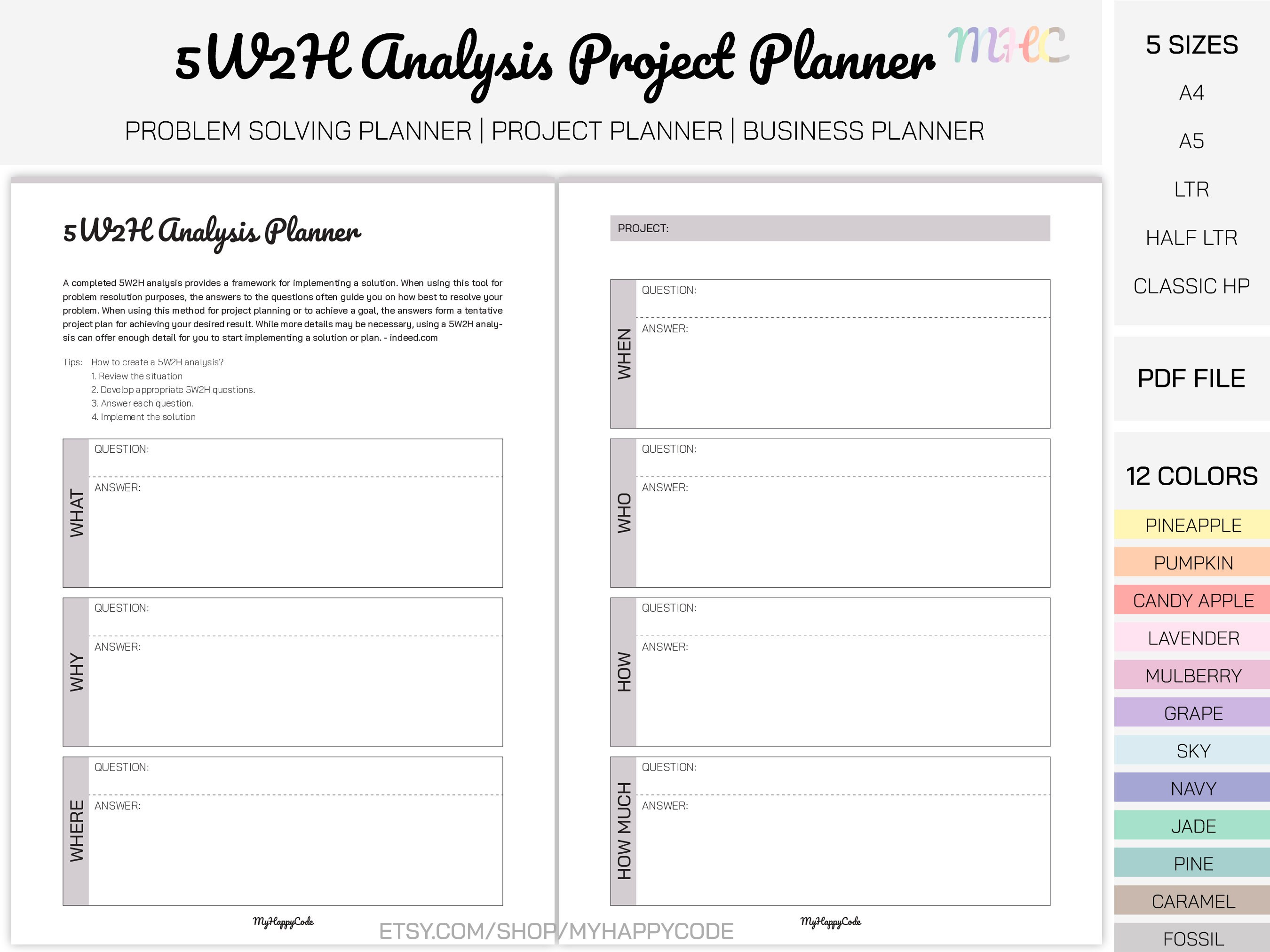 5W2H Analysis Project Planner Printable, Problem Solving Planner, 5W2H ...